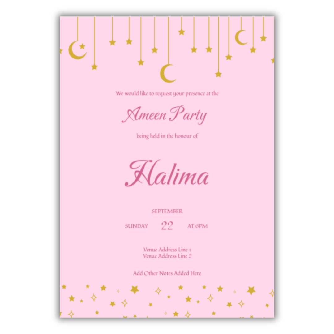 Personalised Ameen Party Invitations (20pk) - Pink - Peacock Supplies
